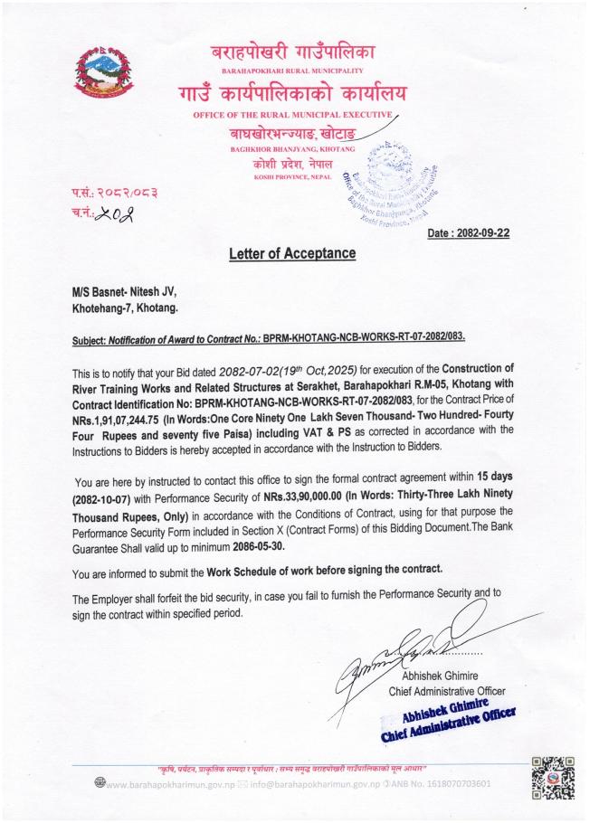 LETTER OF ACCEPTANCE (BPRM-KHOTANG-NCB-WORKS-RT-07-2082/083 ...