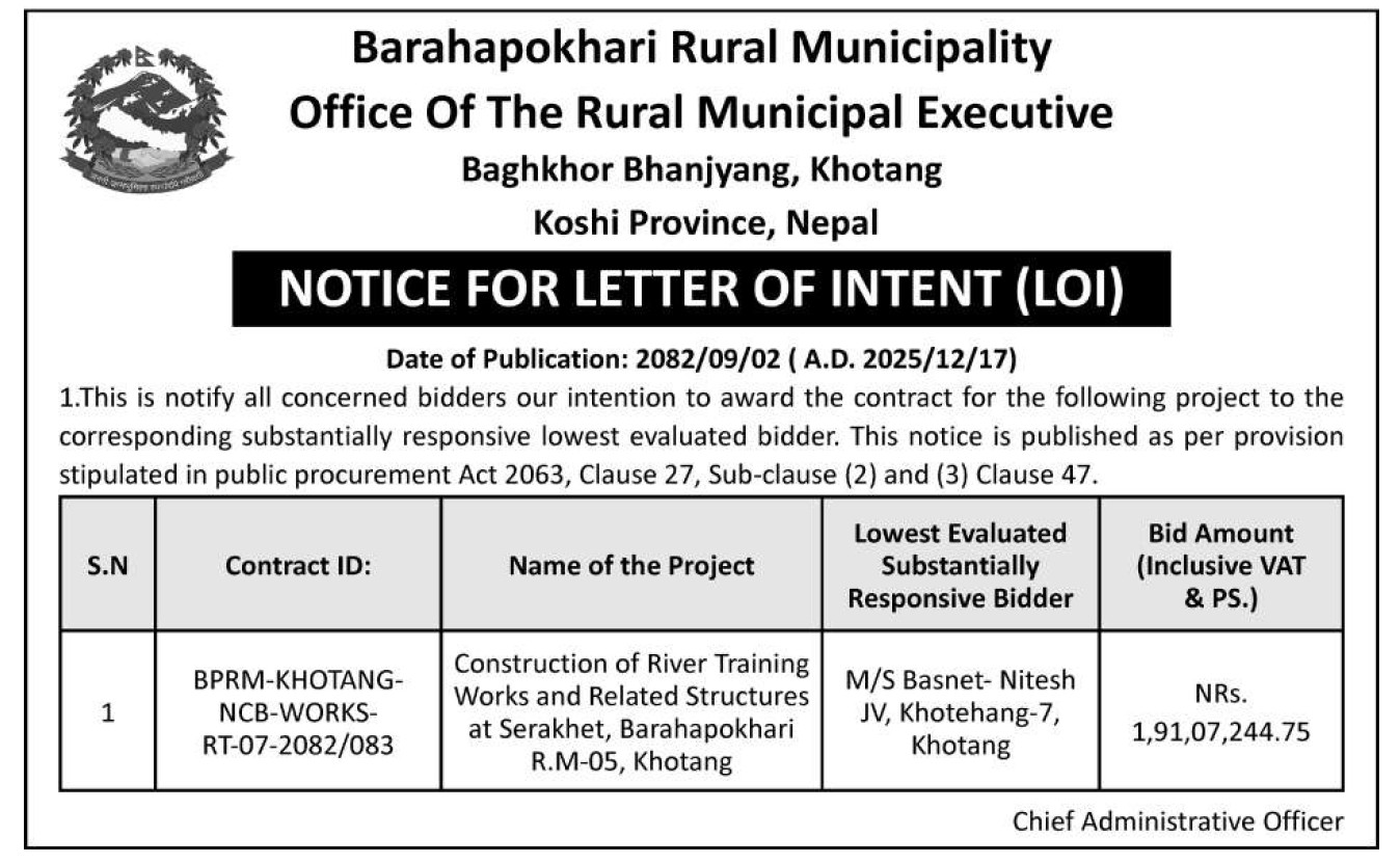 NOTICE FOR LETTER OF INTENT (LOI) | वराहपोखरी गाउँपालिका, गाउँ ...